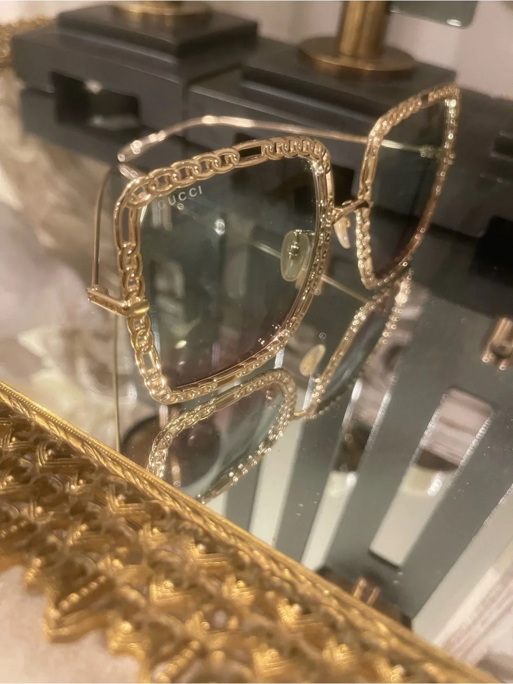 Gucci | Accessories | Gucci Square Gold Chaintrim Sunglasses With Green ...